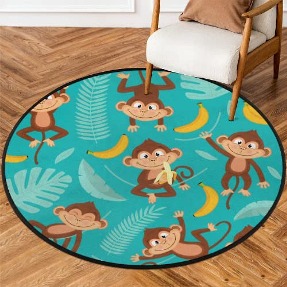 Cute Monkey Round Area Rug, Monkey Banana Non-Slip Circle Rug for Bedroom Living Room Outdoor Study Playing Floor Mat Carpet, 5.2' Diameter