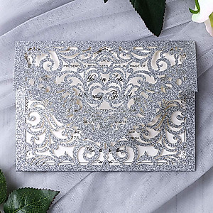 YIMIL 20 Pcs Laser Cut Wedding Invitation Card with Envelope for Wedding Quinceanera Bridal Shower Baby Shower Party Invite (Silver Glitter)