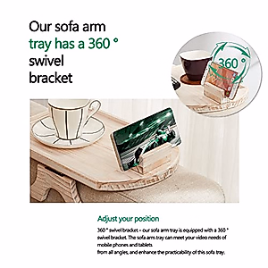 calormoss Sofa Arm Tray with 360°Rotating Phone Holder, Clip on Sofa Armrest Side Tray Table, Wood Tray Table for Couch, Armrest Tray 14" X 9", Rustic White