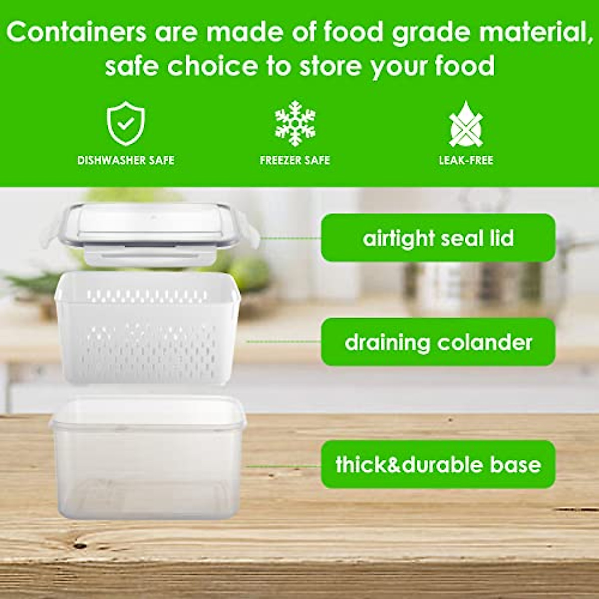 G · PEH Fruit Storage Containers for Fridge Fresh Container with Filterable Basket & Airtight Lid Vegetable and Fruit Saver Containers Refrigerator Organizer for Fruit Salad Lettuce Berry Meat