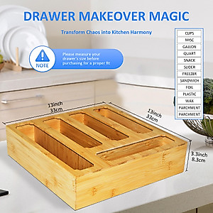 Bamboo Food storage bag organizer, kitchen drawer organizer, Wall Mount bag storage organizer, ziplock bag Storage Compatible with Gallon, Quart, Sandwich & Snack Variety Size Bags 1 Box 5 Slots