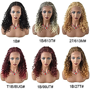 Curve Hair Curly Braided Swiss Lace Front Wigs for Women with Baby Hair Hand Made Crochet Hair Curly Ends Box Braided Wig Heat Friendly Kanekalon Synthetic 18Inches (LL602483C, 1B Black)