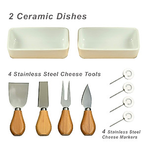 Custom Personalized Engraved Bamboo Cheese/Charcuterie Cutting Board with Ceramic Bowls, Cheese Tools & Cheese Markers-Designed & Quality Checked in USA