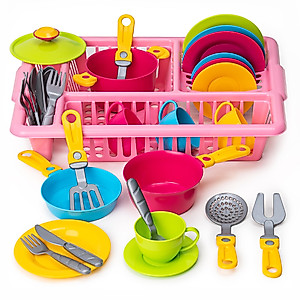 Play Dishes for Kids Kitchen | Pretend Play Kitchen Dishes Set with Drainer | Pretend Dishes Cookware Set | Fun and Colorful Toy Dishes Kit | Childrens Durable Tableware Playset (33 Pcs - Pink)