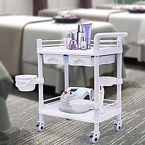 Rolling Utility Cart, 3-Tier Heavy Duty Cosmetology Cart with 360° Swivel Wheels, Dirt Bucket and Drawer for Beauty Salon SPA, Commercial Hospital Office Lab Cart (White)