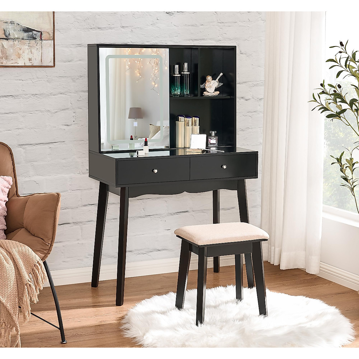 BEWISHOME Vanity Desk with Mirror and Lights, Makeup Vanity with Lights, Black Vanity Set, Makeup Desk with 3 Color Lighting, Vanity Table with Cabinet & 2 Drawers, Dressing Table Makeup Table FST15H