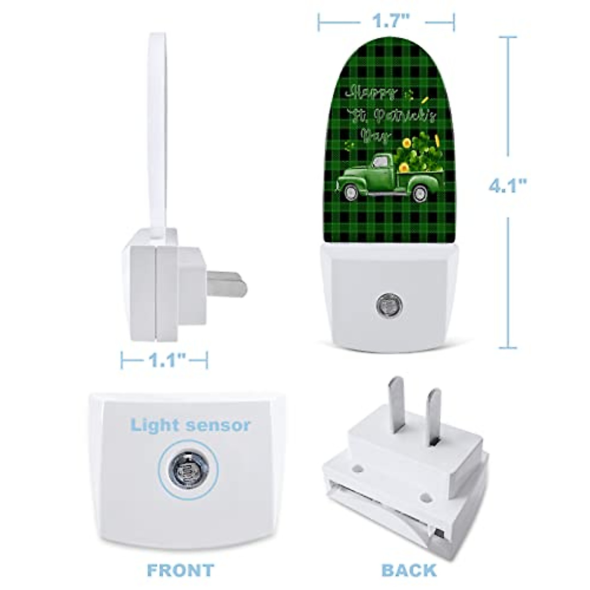 St. Patrick's Day Clover Night Light, LED Plug in Night Light, Green and Black Checkered Green Truck Gold Night Lights with Dusk to Dawn Sensor Decorative Kids/Adults Nightlight for Bedroom Bathroom