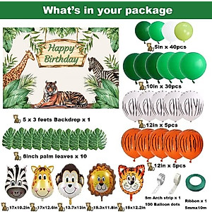 Safari Birthday Decorations for Boy Jungle Theme Party Supplies Green Balloon Garland Arch Kit with Happy Birthday Backdrop Animal Balloons Palm Leaves