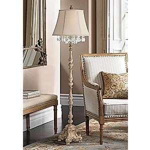 Barnes and Ivy Duval French Vintage Traditional Standing Floor Lamp 63.5" Tall Distressed Candlestick Crystal Glass Beading Cream Bell Shade Decor for Living Room Reading House Bedroom Home