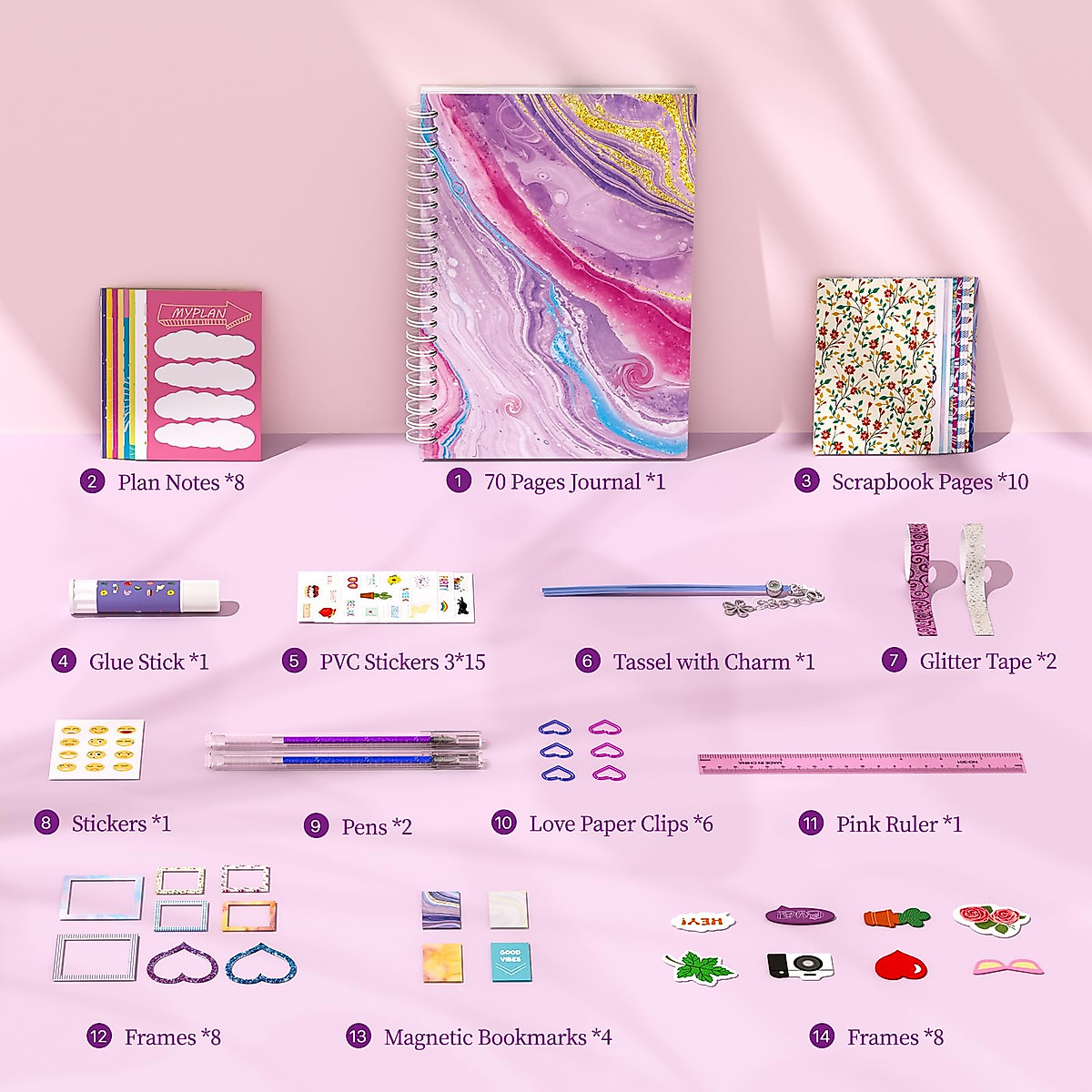 PERRYHOME DIY Journal Kit for Girls Ages 8-14, DIY Girls Journal Set for Teenage Girls Scrapbook & Diary Kits, Journaling Art Crafts Kit Teen 8 9 10 11 12 13 14 Year Old Girl Birthday Gifts - Purple