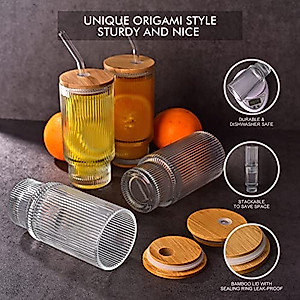 BOICHU Ribbed Glassware Set of 4, Ribbed Glass Cups with Lids and Straws - Vintage Ribbed Drinking Glasses with Bamboo Lids, 11 OZ Cute Fluted Glassware for Iced Coffee,Cocktail,Beer,Smoothie,etc