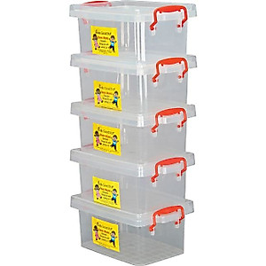 Really Good Stuff Small Clear Plastic Stackable Storage Tubs with Locking Lid – Red Handles Lock Lid in Place – Hold Supplies, Manipulatives and More in Classroom or Home, 8”x4”x5” (Set of 5)