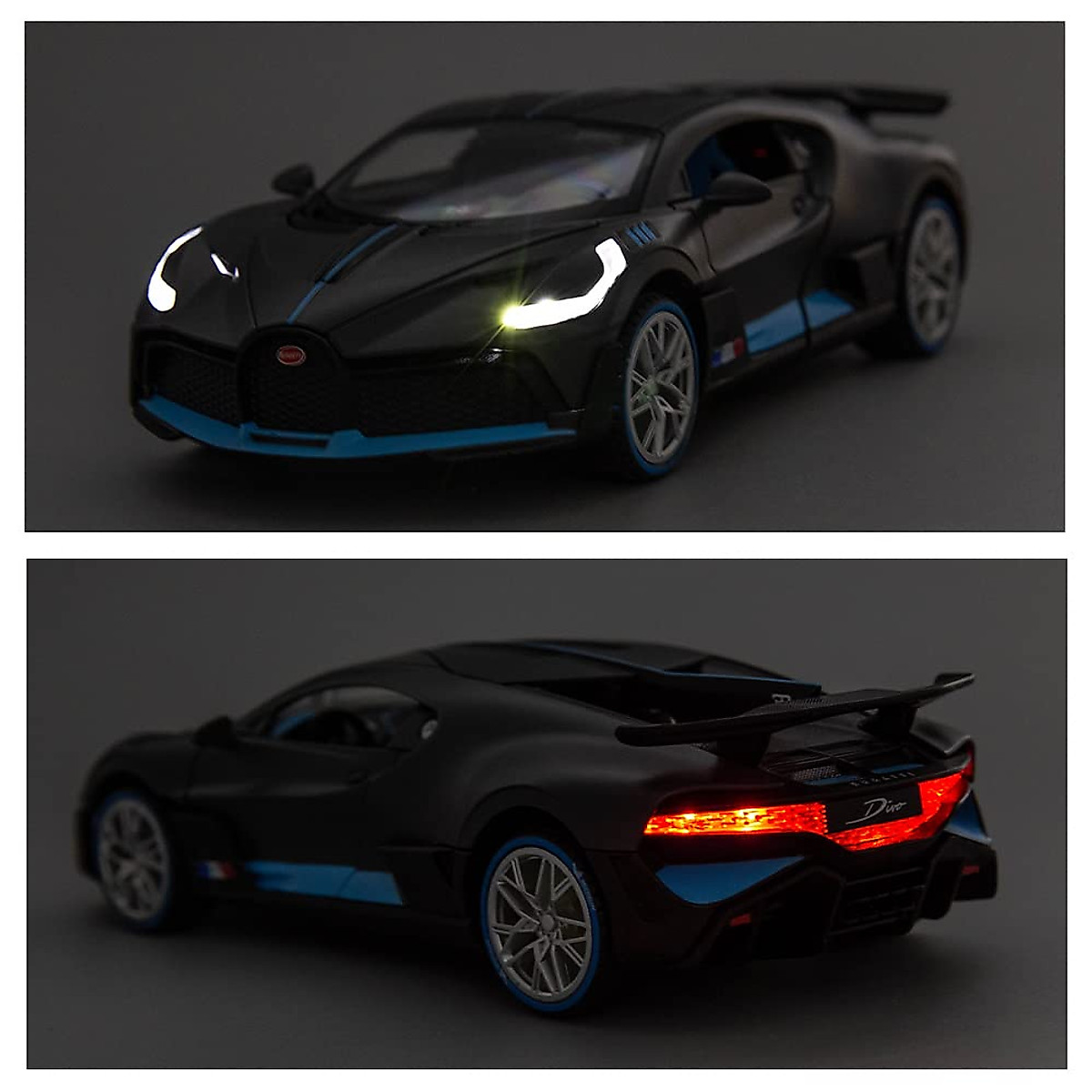 WAKAKAC 1/24 Bugatti Divo Model Car Alloy Diecast Pull Back Toy Vehicle with Light and Music Supercar Toys for Toddlers Kids Children Gift (Gray)