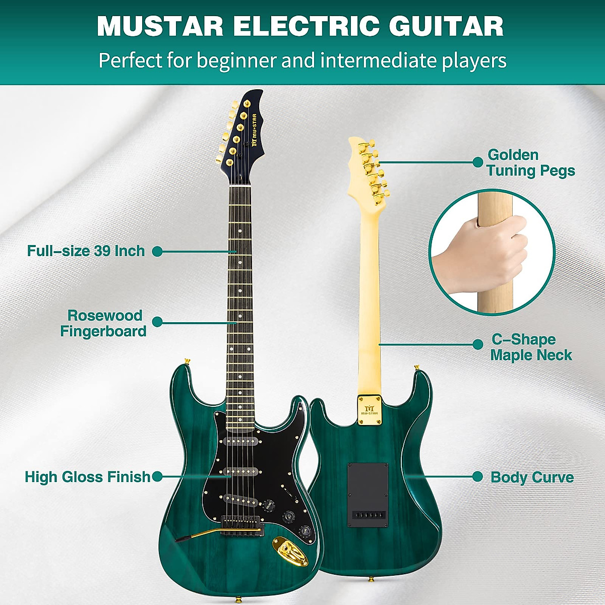 MUSTAR Electric Guitar Kit with 25W Amplifier, 39 Inch Full Size Solid Wood Electric Guitar Beginner Kits, Gig Bag, Digital Tuner, Capo, Strap, Cable, Picks, Birthday Holiday Gifts (Green, MEG-100)