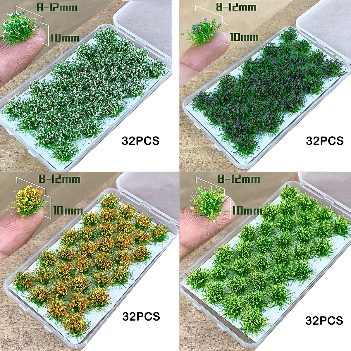 Cayway 128 PCS Miniature Colorful Flower Cluster, 4 Color Static Grass Tuft Model Grass Tufts Flower Vegetation Groups Static Grass Tufts for DIY Model Train Landscape Railroad Scenery