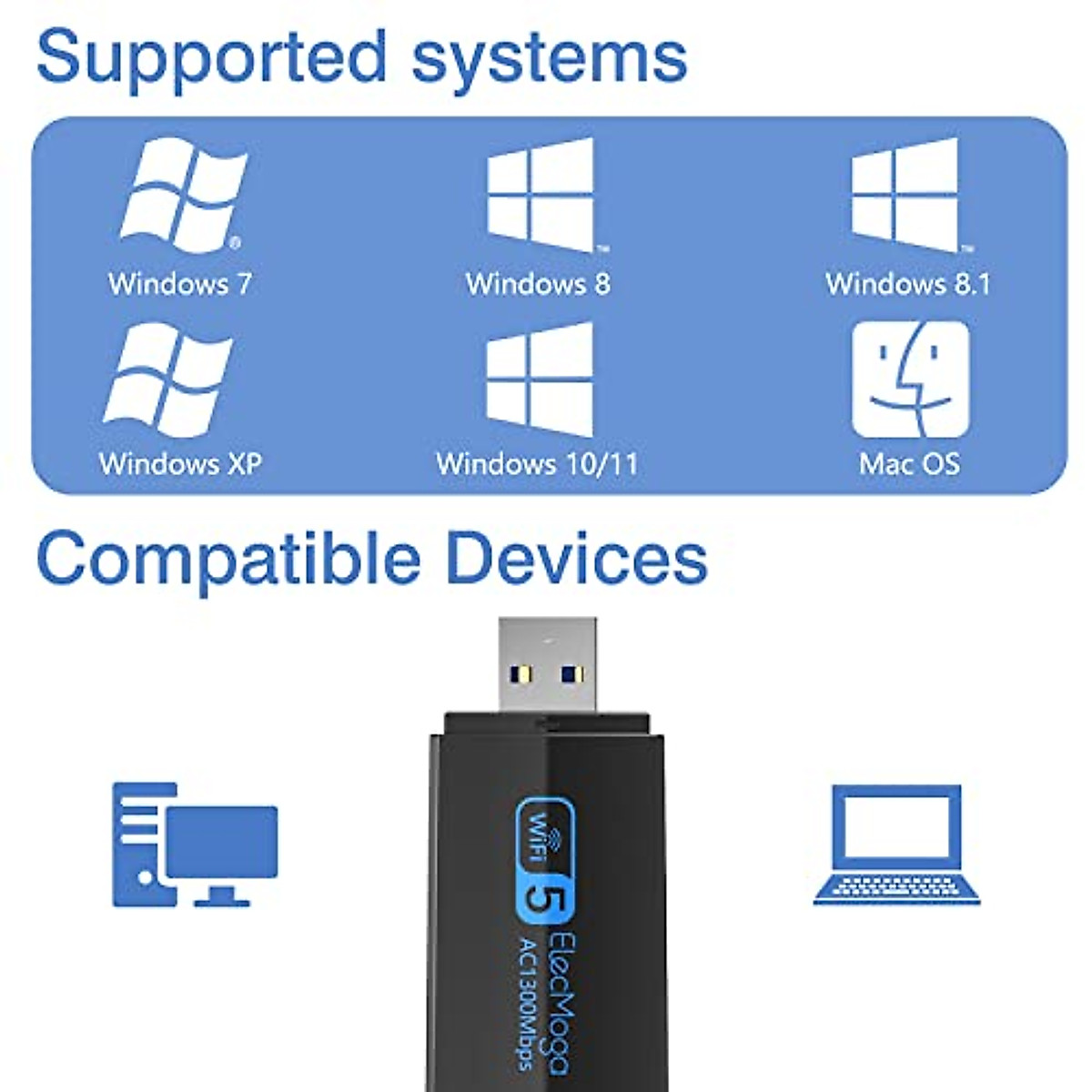 USB WiFi Adapter, ElecMoga 1300Mbps WiFi Dongle USB 3.0 Dual Band 5G/2.4G Wireless Network Adapter for Desktop Laptop PC, Dual 5dBi Antennas, Supports Windows 11/10/8.1/8/7, Mac OS 10.9-10.15