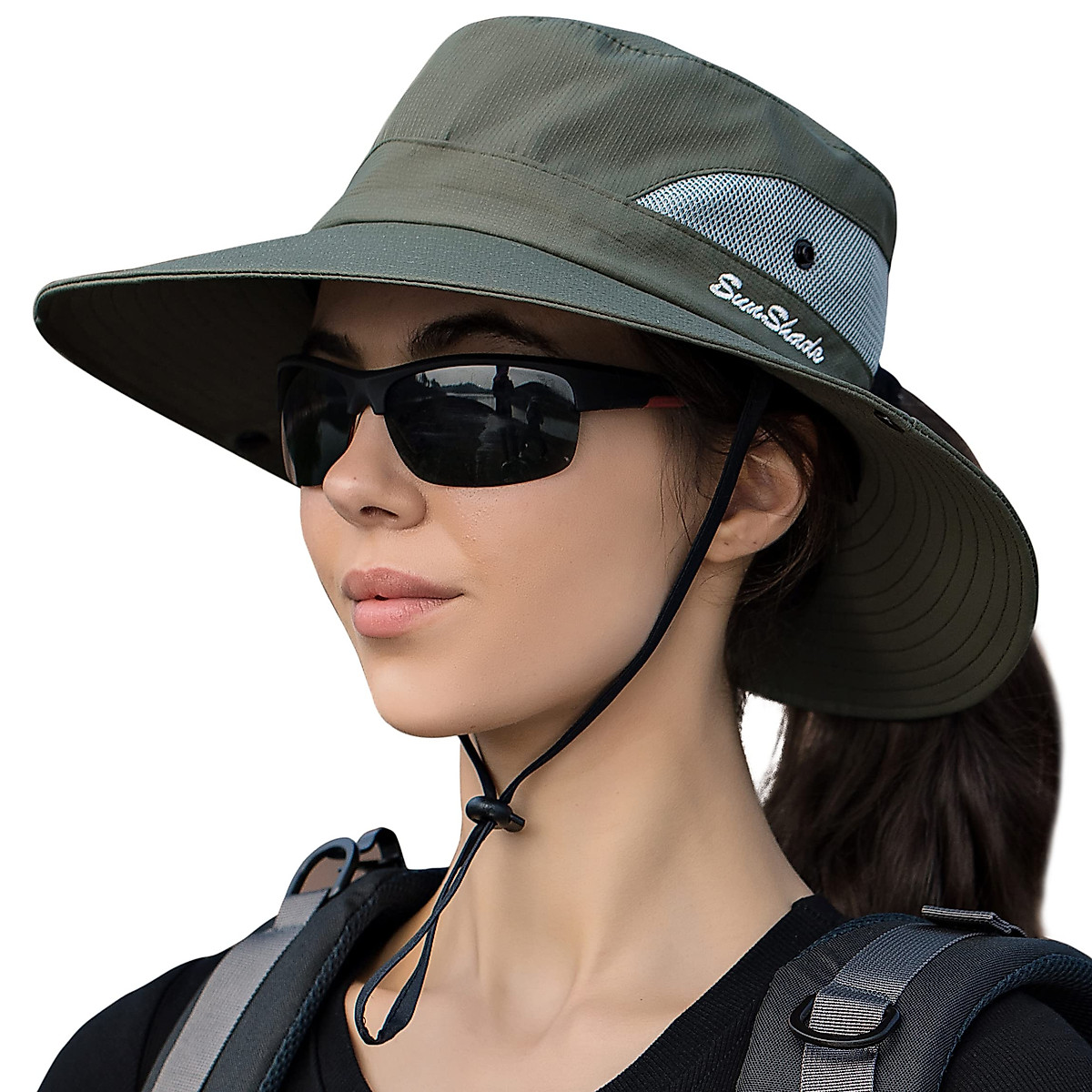 Women Ponytail Summer Sun Hat Wide Brim UV Hats Floppy Bucket Cap for Safari Beach Fishing Gardening Army Green
