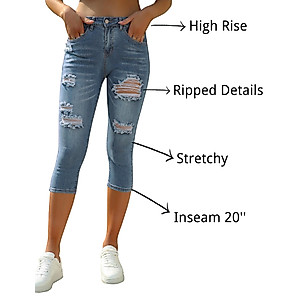 luvamia Womens Capri Jeans for Women High Waisted Skinny Ripped Jean Distressed Denim Capri Pants Casual Short Jeans Classic Blue Size Small Fits Size 4 to Size 6