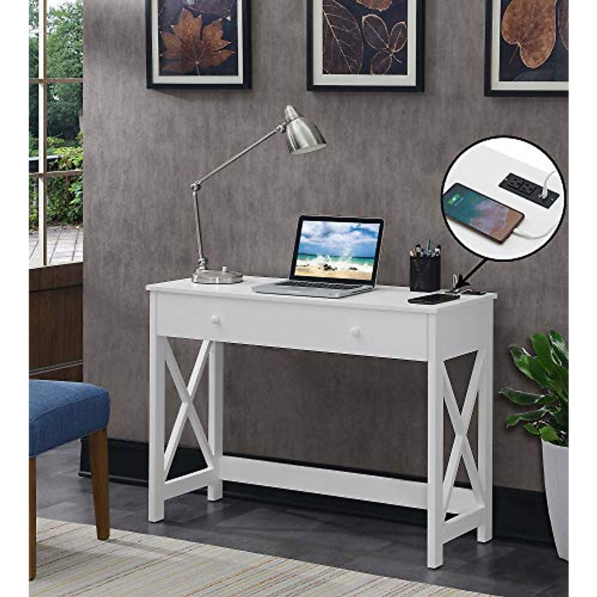 Convenience Concepts Oxford Desk with Charging Station, 42", White