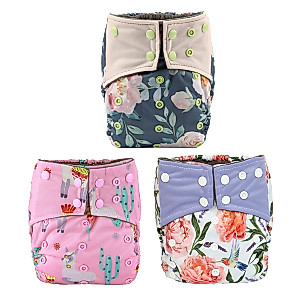 Sigzagor 3 AIll in One Cloth Diapers Nappies for Night AIO Sewn in Insert Reusable Washable (Flower Set)