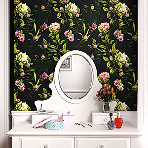 HotDecor 24"x118" Dark Floral Wallpaper Peel and Stick Pink Peony Wallpaper for Bathroom Wall Paper Waterproof Decorative Floral Contact Paper for Walls Cabinets Daisy Botanical Flower Wallpaper