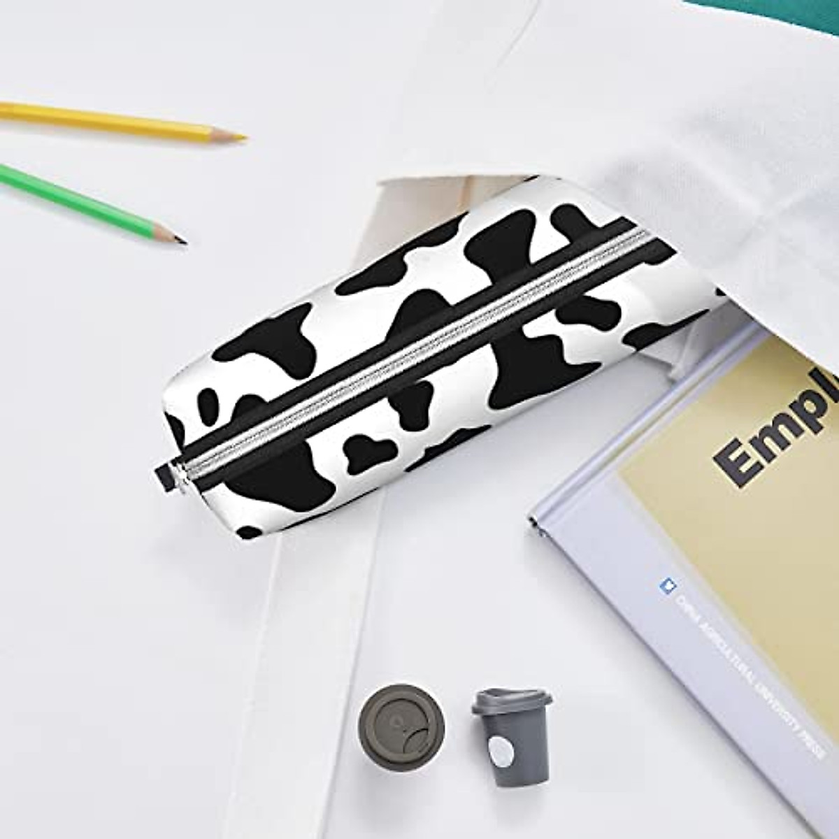 Cow Print Pencil Bag Aesthetic Zipper Pen Pouch Boys Girls Small Portable Marker Box Case Office Travel Home