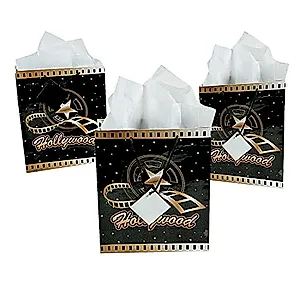 Medium Hollywood Gift Bags with Tags - Set of 12 - Movie Night and Awards Party Supplies