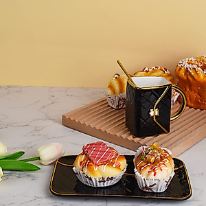 Koythin Ceramic Coffee Mug Saucer Set, Creative Cute Handbag Shaped Cup with Spoon and Saucer for Office and Home, 10 oz/300 ml for Tea Latte Milk (Elegant Black)