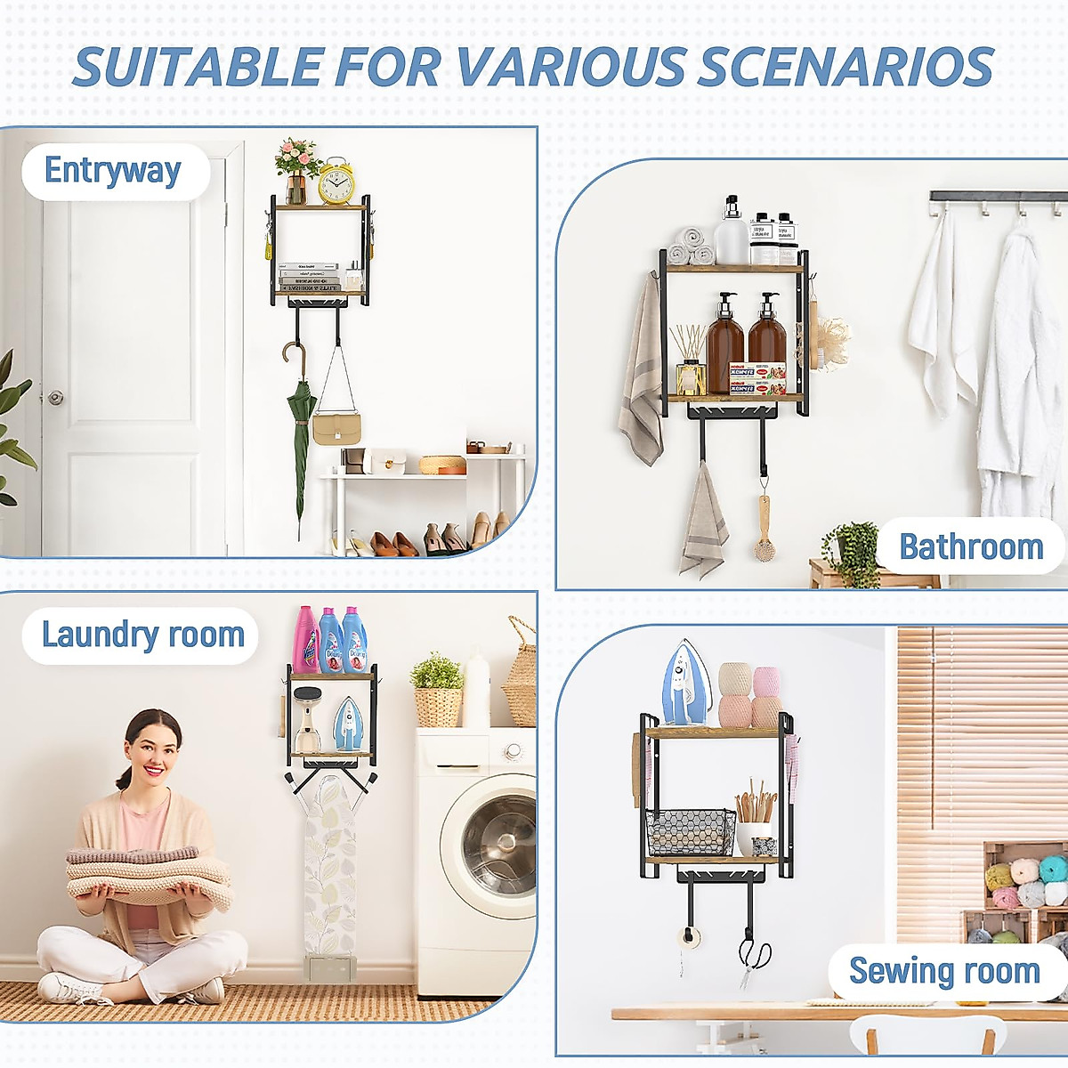 EsLuker.ly 2 Tiers Ironing Board Holder Wall Mount, Iron Board Hanger Rack Organization with Removable Hooks, Laundry Room Shelves with Large Wooden Baskets for Iron and Ironing board Set, Black