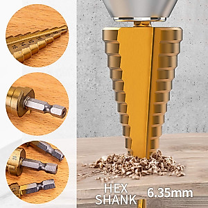 3Pcs HSS Titanium Coated Step Drill Bit Set, 1/4" Hex Shank Drive Quick Change High Speed Steel Cone Drill Bit for Sheet Metal Wood Plastic Hole Drilling Cutting (Metric 3-12mm/ 4-12mm/4-20mm)