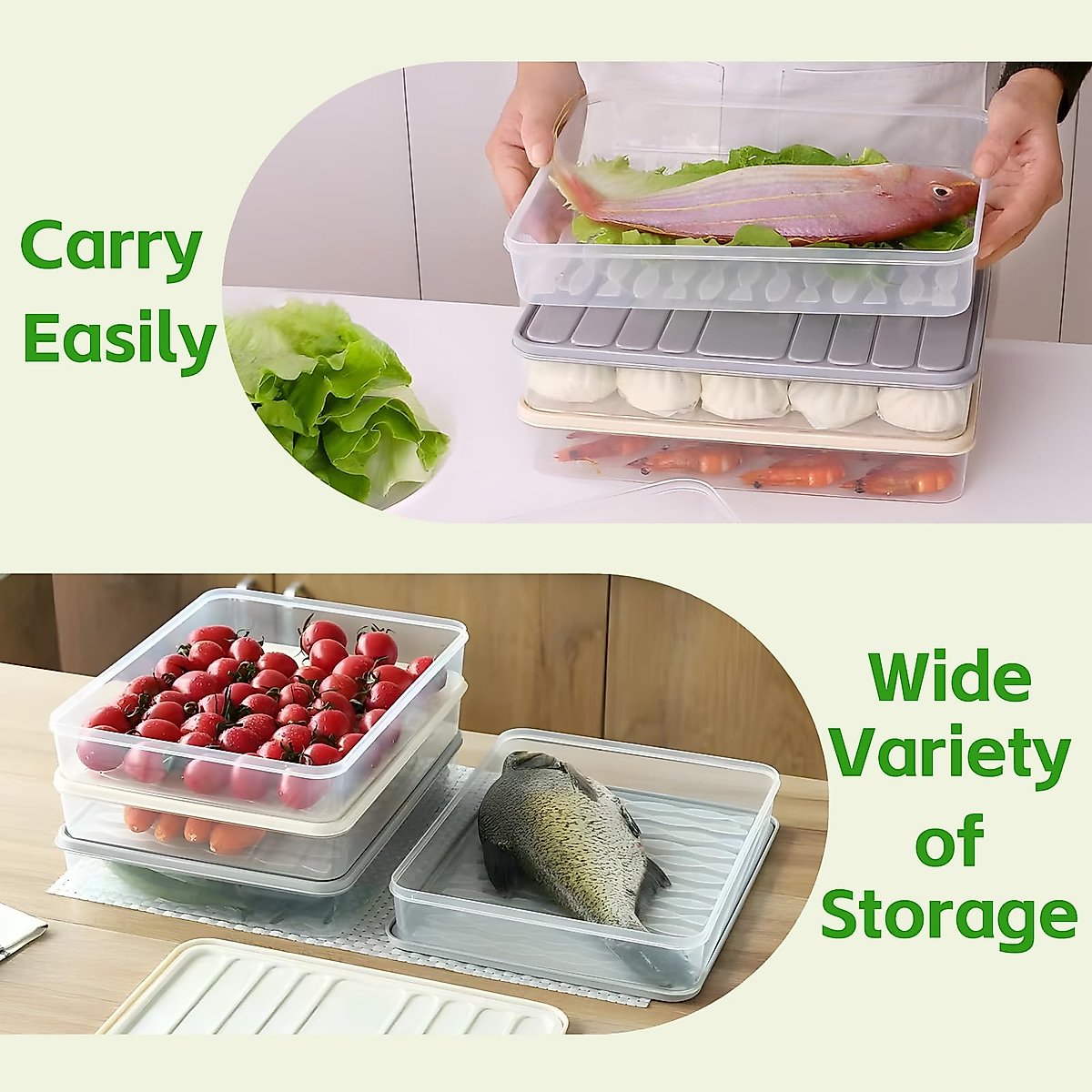 Food Storage Containers, Rectangle Food Storage Containers with Lids for Bacon, Deli meat, Lunchmeat, Vegetable, Noodles, Dumplings, and More, Crisper Bins for Refrigerator with Stackable and Visible