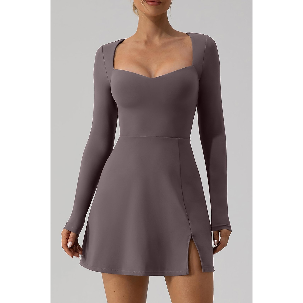 QINSEN Womens Sexy Sweetheart Neckline Double Lined Top Long Sleeve Athleisure Mini Dress Tea Leaf M