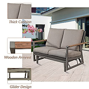 LOKATSE HOME Patio Glider Rocking Chair Outdoor 2 Person Bench Metal Swing Loveseat with Faux Wood Armrest, Wicker Backrest and Thick Cushion, Grey