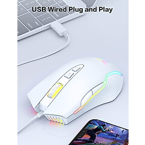 PHNIXGAM Wired Gaming Mouse, Ergonomic RGB Computer Mouse with RGB Backlight, Adjustable DPI UP to 6400, 7 Programmable Buttons for Windows Vista Linux (White)