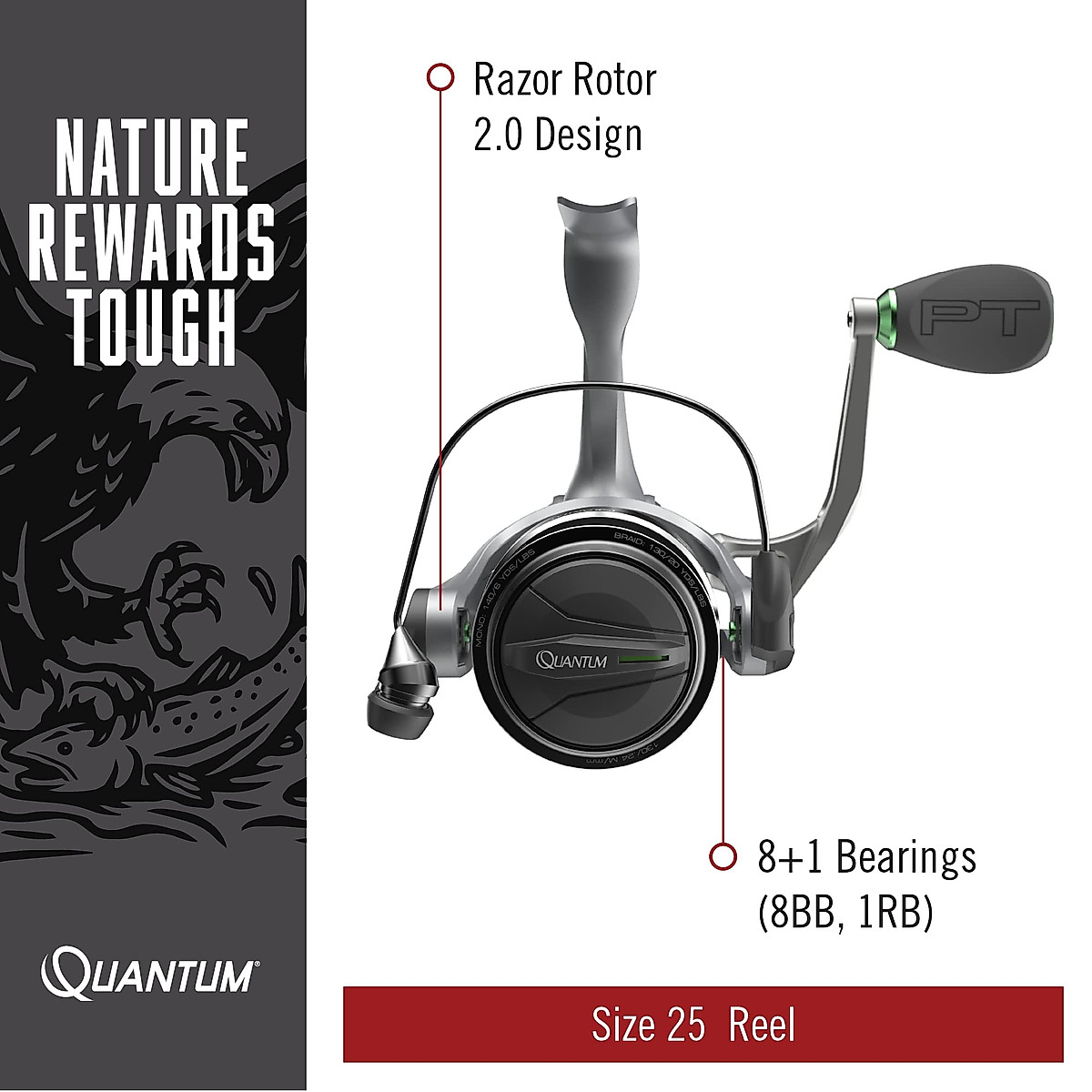 Quantum Energy S3 Spinning Fishing Reel, Size 25 Reel, Changeable Right- or Left-Hand Retrieve, Continuous Anti-Reverse Clutch, EVA Handle Knobs, 5.2:1 Gear Ratio, 8 + 1 Bearings, Silver/Black