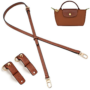 KOMHPS Purse Straps Replacement, Leather Handbag Crossbody Shoulder Strap Adjustable for Longchamp Bag Women(Brown Gold)