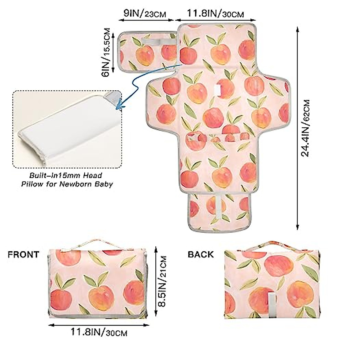 Peaches Pink Portable Baby Changing Pad Diaper Changing Table Pad Foldable Travel Changing Station with Built-in Pillow for Newborn Essentials Baby