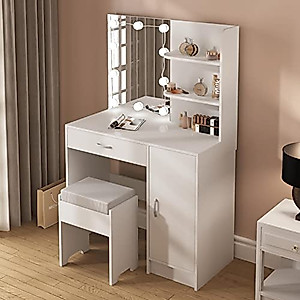 Makeup Vanity with Lights, Vanity Desk with Mirror and Lights Set, Large Drawer and Two-Tier Lots Storage Cabinet Dresser, 3 Lighting Modes Adjustable Brightness, Makeup Table for Bedroom, White
