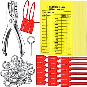 Monthly Fire Extinguisher Inspection Tags Set Including 2023-2026 Maintenance Tags Plastic Tamper Seals Fire Extinguisher Pull Pins Numbered Security Tags with Handheld Hole Puncher (76 Pieces)