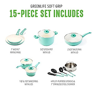 GreenLife Soft Grip Healthy Ceramic Nonstick, 15 Piece Cookware Pots and Pans Set, Induction, PFAS-Free, Dishwasher Safe, Turquoise