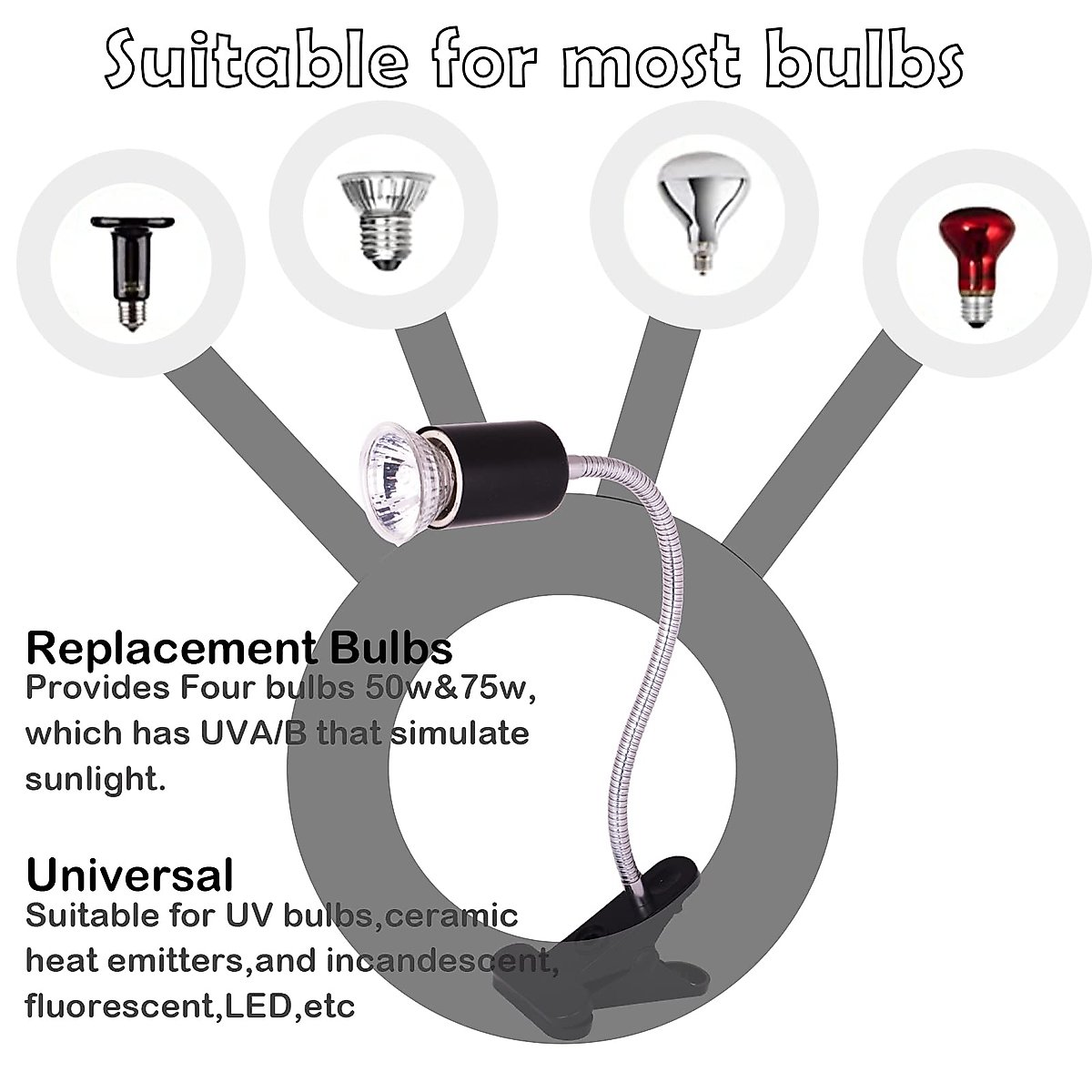 Reptile Heat Lamp, UVA UVB Reptile Light Basking Spot Lamp, UVA UVB Reptile Light, Aquatic Turtle Heating Lamp, Adjustable and Timed Terrarium Heat Lamps with 360° Rotatable Hose (Black)