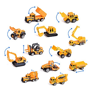 LOYEH 18 in 1 Die-cast Construction Truck Kids Play Vehicles Toy Set, Construction Toy Truck with 12 Construction Vehicles and 8 Toy Figures, Lights and Sounds, Kids Birthday Gifts