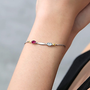 Gem Stone King 1.04 Ct Red Created Ruby Sky Blue Aquamarine 925 Silver and 10K Yellow Gold Lab Grown Diamond Bracelet For Women