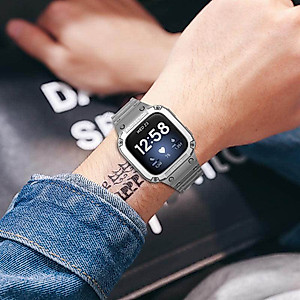 MiRUSI Compatible For Fitbit Versa 4/3/2/1/Fitbit Versa Lite/Fitbit Sense 2/Fitbit Sense Bands with Case, Protective Case Strap Rugged Sport Protect Wristbands For Men Women (Gray&Silver)