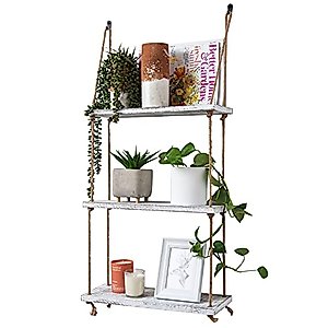 Labcosi 3 Tier Rope Wall Hanging Floating Shelves, Rustic White Wall Shelf, Swing Wood Farmhouse Decor Living Room, Bathroom, Bedroom, and Outdoor