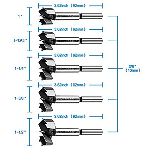 Forstner Bit Set, 5-Piece Forstner Bits Wood Drilling Smooth Flat-Bottomed Pocket Holes in Hard Soft Wood, 3/8" Shank Fit Drills and Drill Presses, Size 1”, 1-7/64”, 1-1/4”, 1-3/8”, 1-1/2"