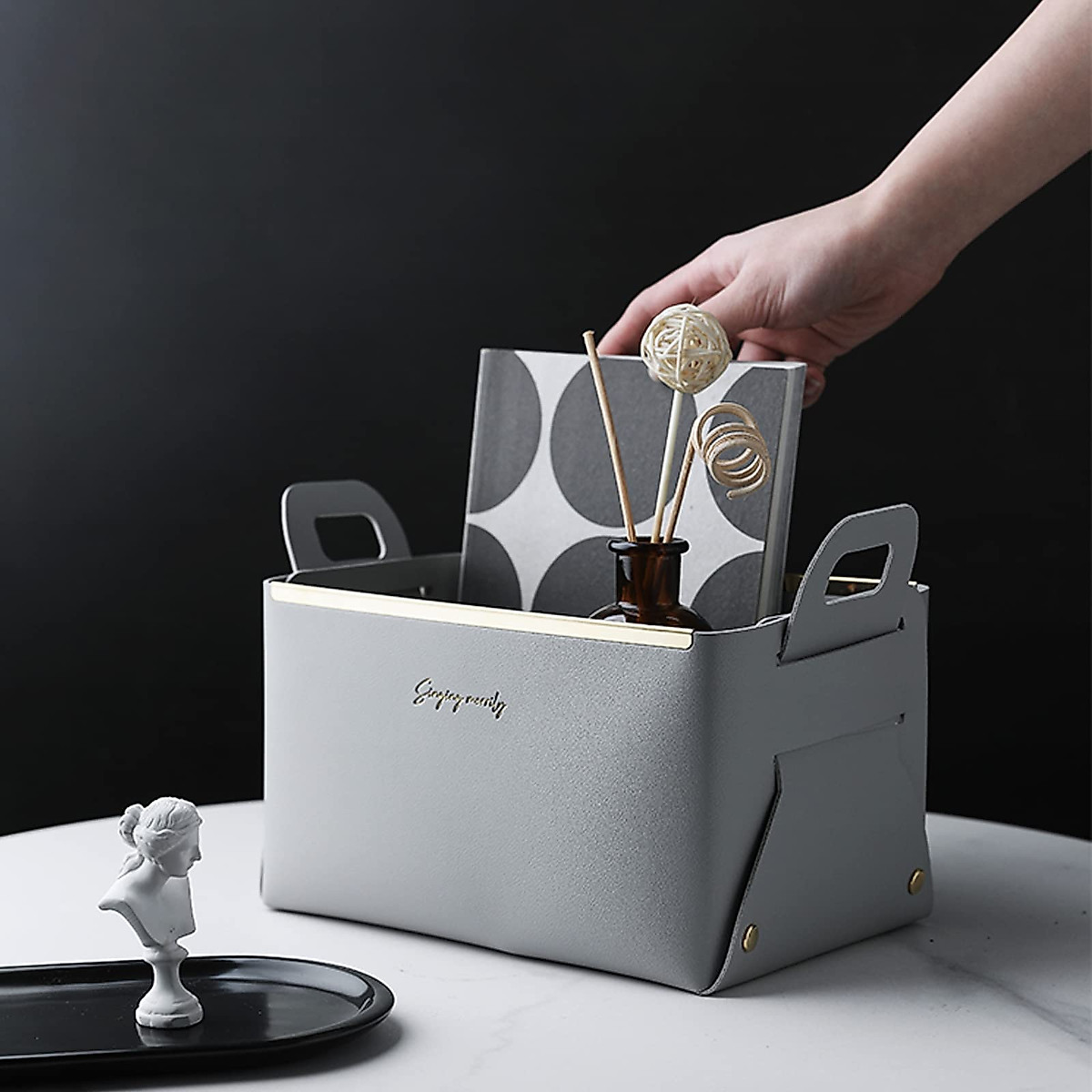 CHOMe Foldable Storage Boxes, Collapsible Sturdy Fabric Storage Basket Sturdy Faux Leather Handles-Large Organizer For Towels,Clothes, Shelves-8.6×5.5×5in, Grey