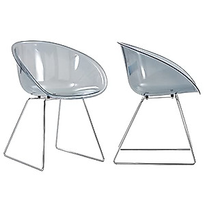 Acrylic Dining Chairs Set of 2, Transparent Shell and Metal Legs Plastic Side Chairs for Kitchen and Dining Room, Living Room (Grey)