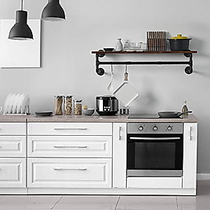 Crehomfy Industrial Pipe Clothes Rack with Top Shelf and 3 Hooks, 41''L Wall Mounted Garment Rack, Heavy Duty Iron Garment Bar, Clothes Hanging Rod Bar, 4 Base Max Load 135Lb Black