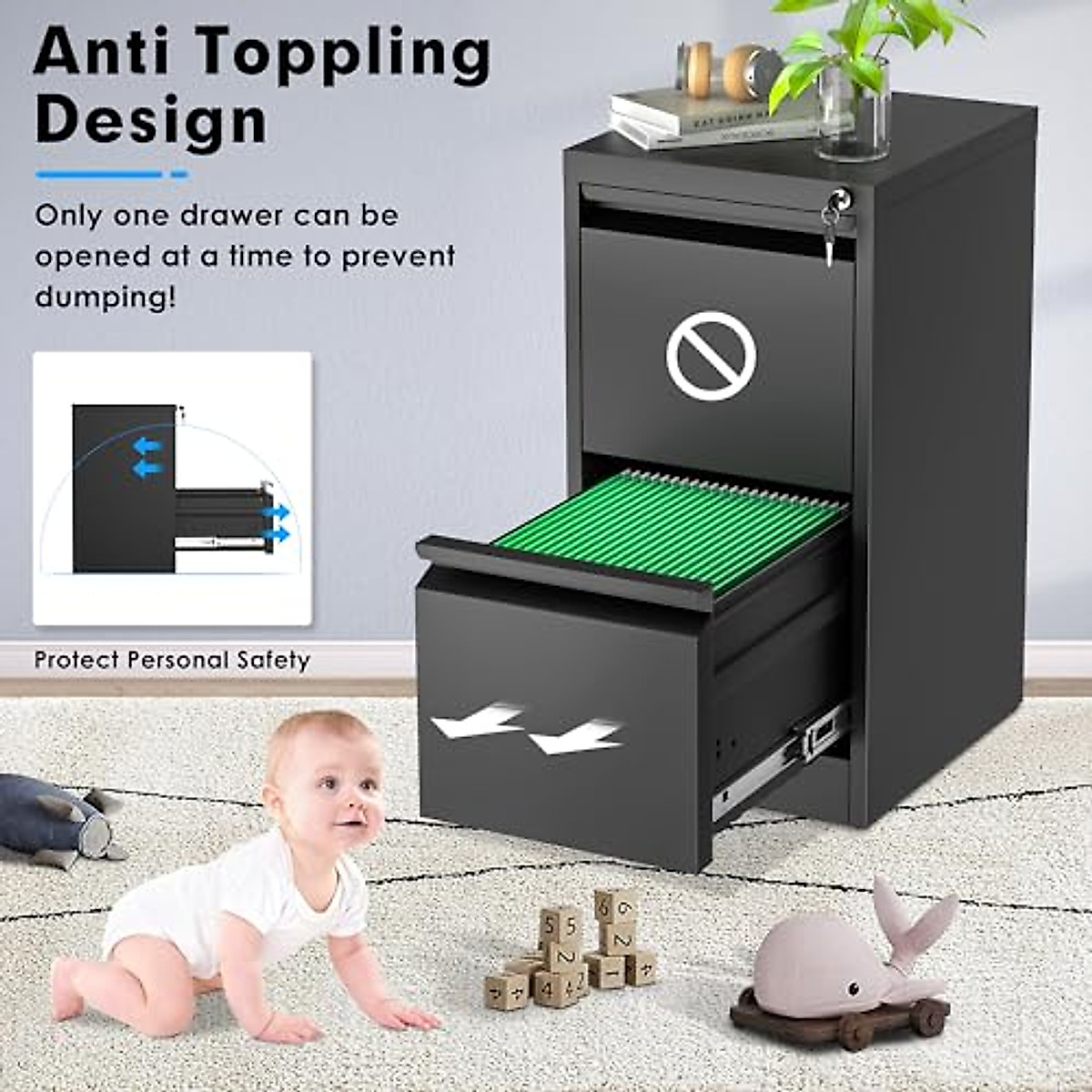 Superday 2 Drawer Vertical File Cabinet, 18” D Filing Cabinet with Lock, Locking Filing Cabinet for Home Office, Black Metal File Cabinet for Hanging Letter/Legal Folders